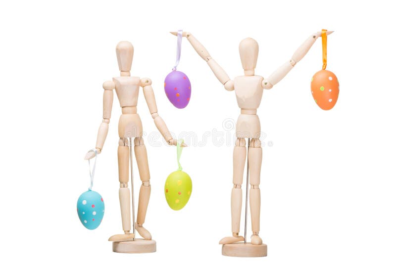 Two Wooden Little Men with Easter Eggs on Isolated White Stock Photo ...