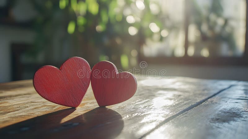 Two Wooden Red Hearts on Rustic Table Stock Illustration - Illustration ...