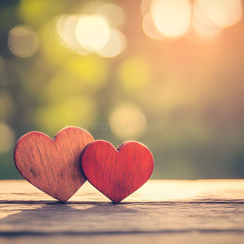 Two Wooden Red Hearts on Rustic Table Stock Illustration - Illustration ...