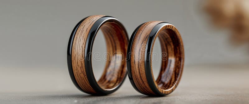 Two Wooden Rings with Black Bands are Shown. Stock Image - Image of ...