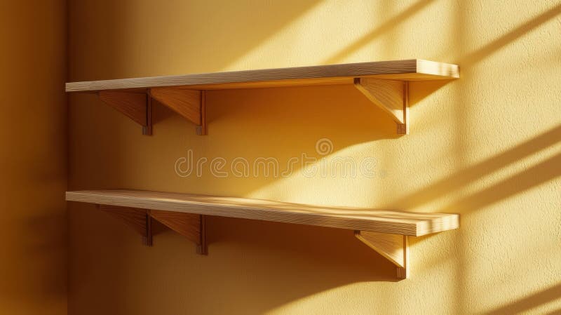 Two Wooden Shelves Mounted on a Wall Displaying Various Items in a ...
