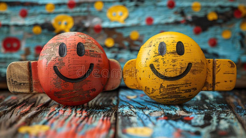 Two Wooden Smiley Faces, One Red and One Yellow, with a Distressed ...