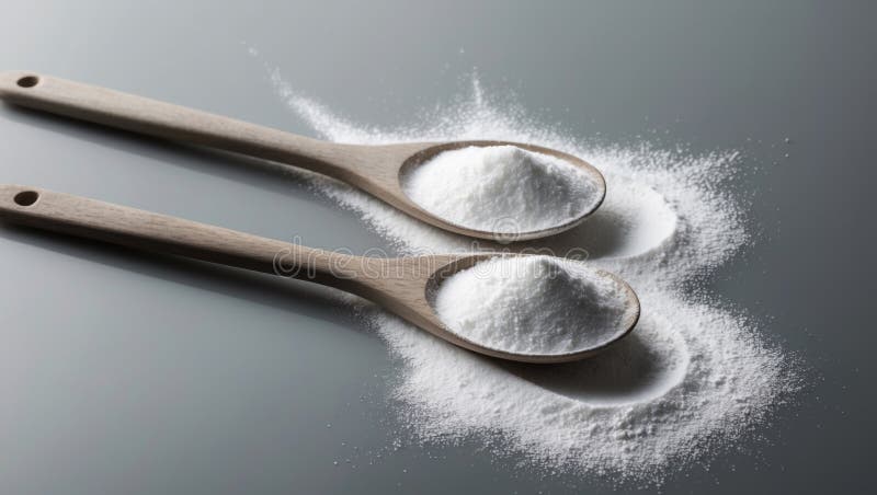 Two Wooden Spoons Filled with White Powder on a Gray Surface. Stock ...