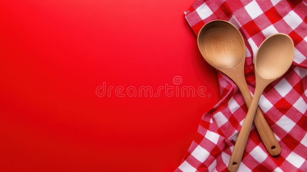 Two Wooden Spoons and a Spoon on Red Checkered Cloth, AI Stock ...