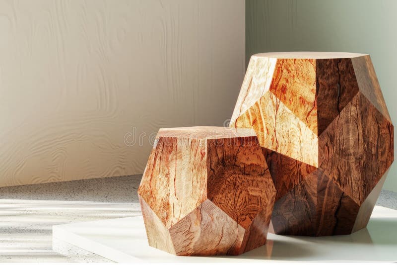 Two Wooden Stools, Shaped Like Geometric Figures, Sit on a White ...