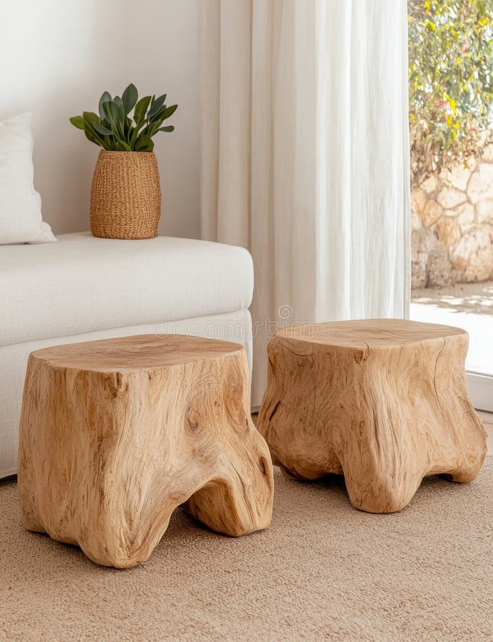 Two Wooden Stump Side Tables in a Bright Living Room. Stock ...