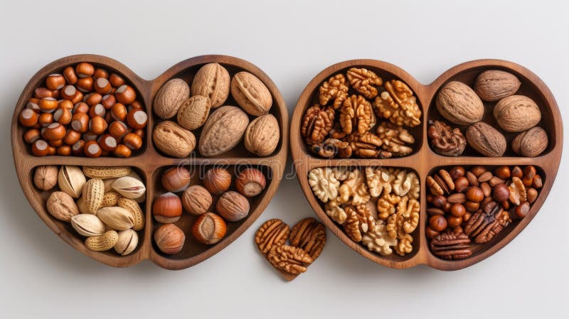 Two Wooden Trays Filled with Nuts and a Heart Shaped Nut, AI Stock ...