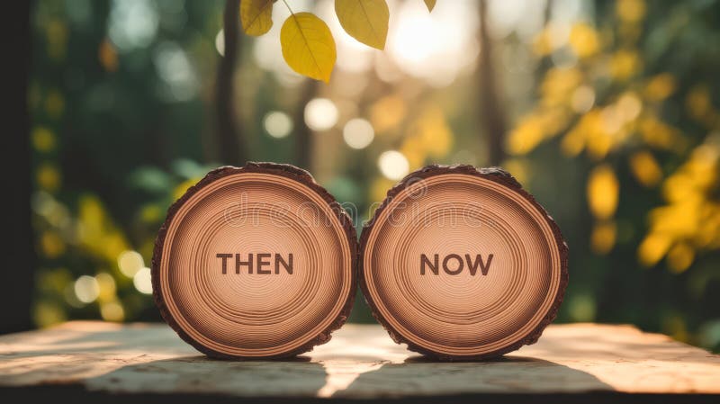 Two Wooden Tree Rings with Text Then and Now Symbolizing Time, Growth ...