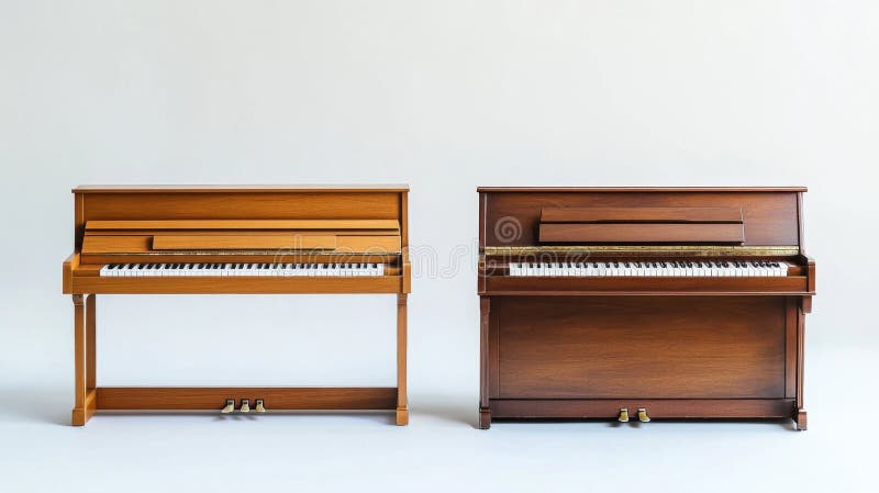Two Wooden Upright Pianos Side by Side in a Minimalistic Indoor Setting ...