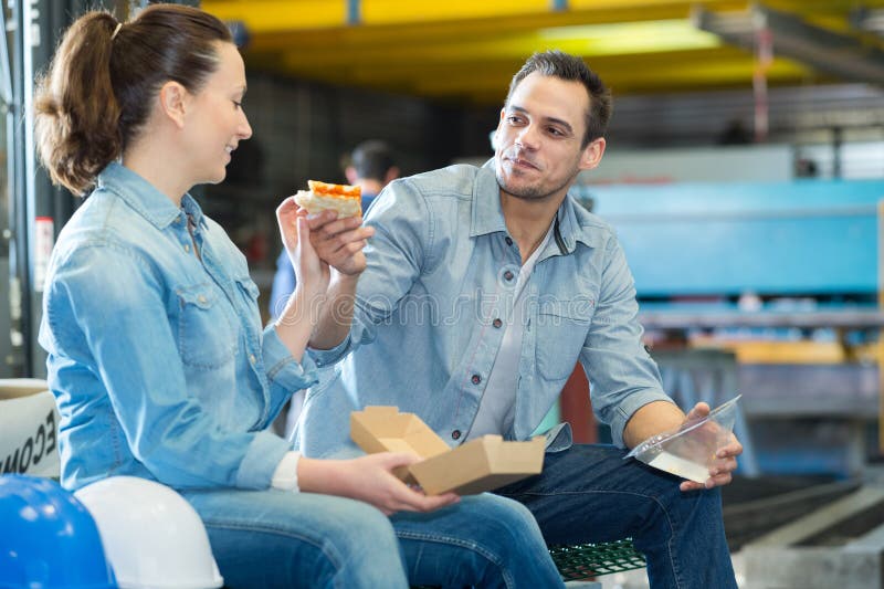 Two Worker in Factory Having Lunch Break Stock Image - Image of ...