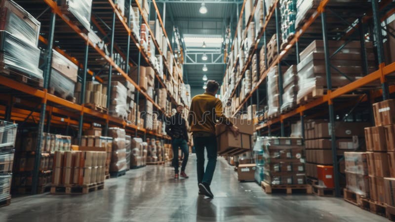 Two Workers Carry Boxes and Navigate Aisles in a Bustling Warehouse ...