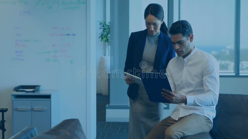Two Workers are Collaborating in Flat Design Office Lounge with Tablet ...