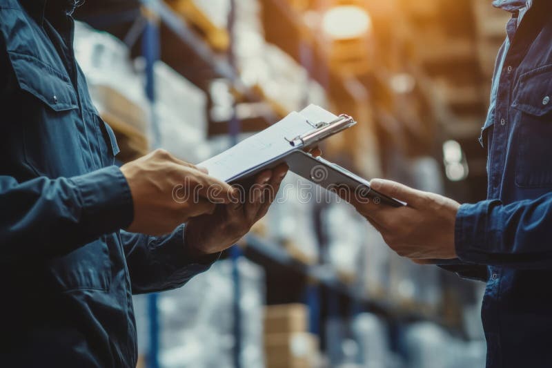 Workers Exchange Documents in a Warehouse during Evening Operations for ...