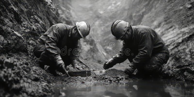 Two Workers Digging in a Muddy Trench, Focused on Their Task in a ...