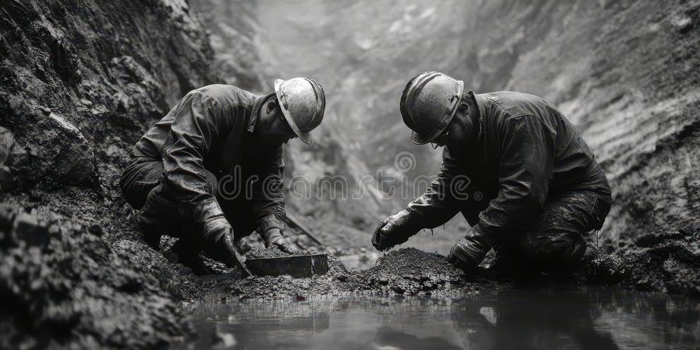 Two Workers Digging in a Muddy Trench, Focused on Their Task in a ...