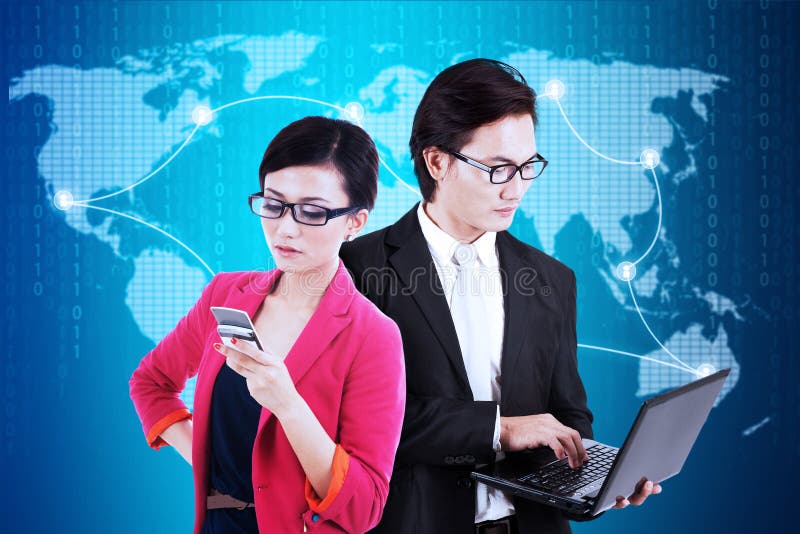 Two Workers and Global Communication Network Stock Image - Image of ...