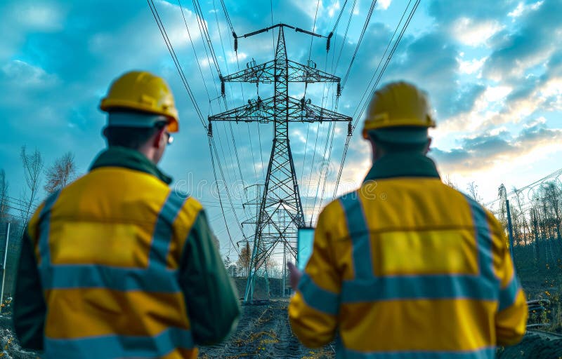 Two Workers in High Vis Jackets Look Up at Pylon Stock Illustration ...