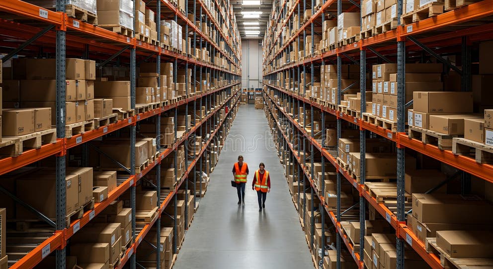 Two Workers Inspecting Inventory in a Massive Warehouse, High-Bay ...