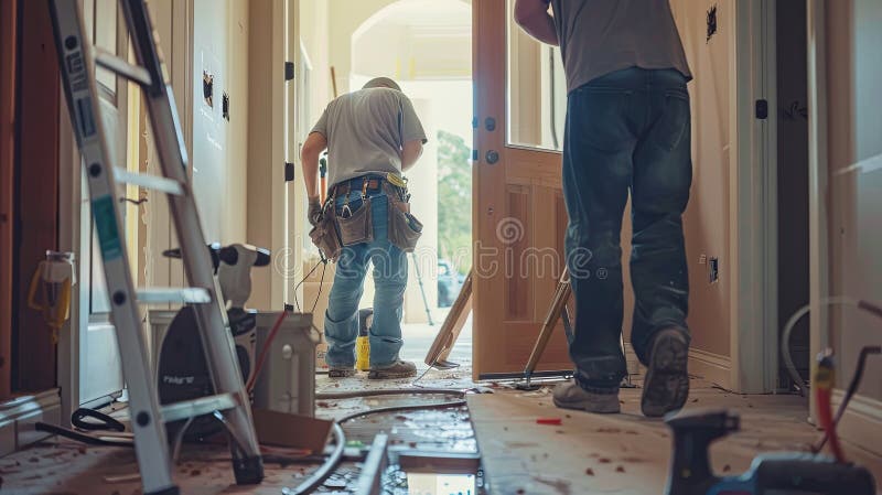 Two Workers Install a New Door in a Home. One Stands on a Ladder, the ...