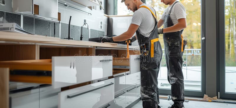 Two Workers Installing Kitchen Cabinets in a Modern Home Stock ...