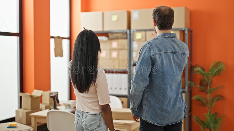 Two Workers Man and Woman Standing Backwards at Office Stock Photo ...
