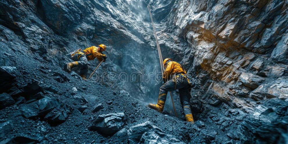 Two Workers Mining in a Rocky Environment, Showcasing Teamwork and ...