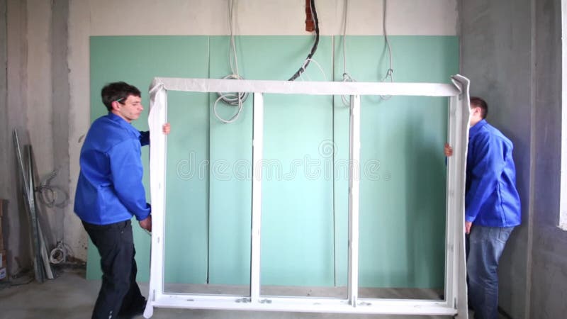 Two Workers Set Window To New Installed Stock Footage - Video of carry ...