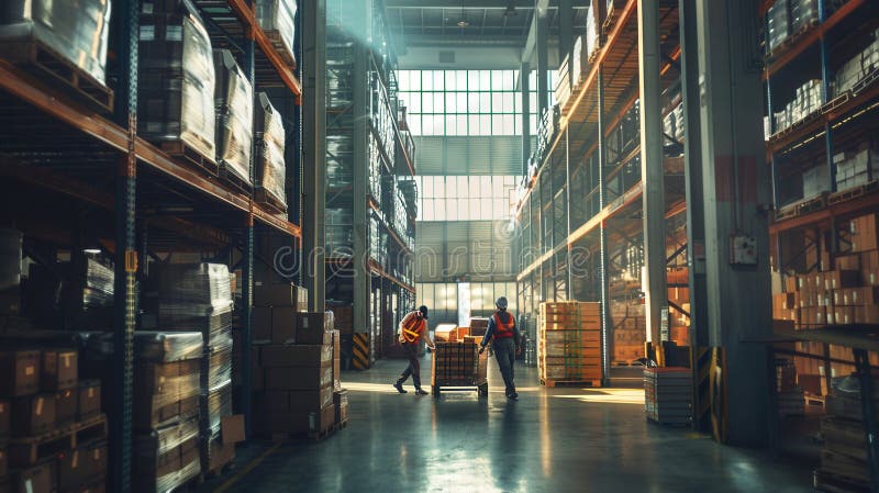 Two Workers are Moving Boxes and Pallets in an Active Warehouse ...