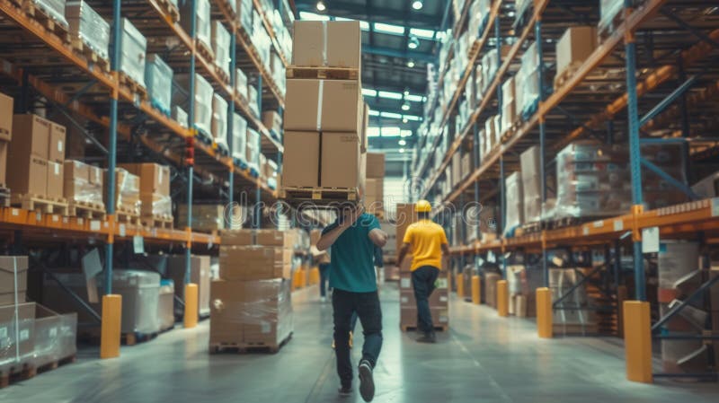 Two Workers are Moving Pallets and Boxes in a Busy Warehouse ...