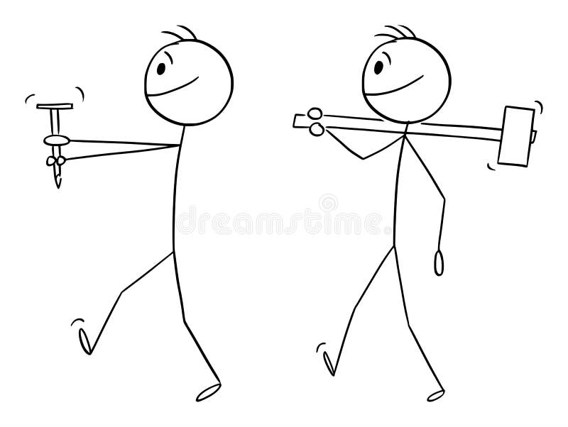 Two Workers with Nail and Hammer, Vector Cartoon Stick Figure ...