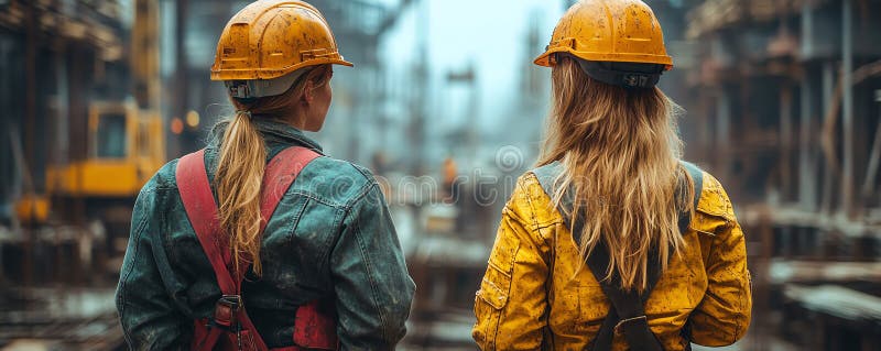 Two Workers Observing Construction Site, Wearing Safety Helmets and ...