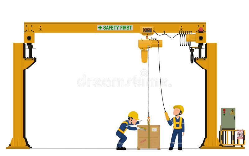 Two Workers are Operating Overhead Crane on White Background Stock ...