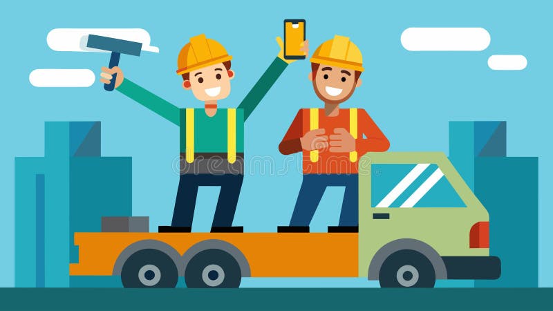 Two Workers Perch on Top of a Construction Vehicle Taking a Selfie with ...