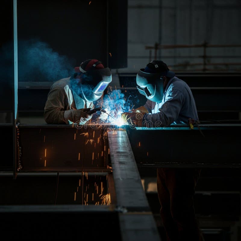 Two Workers in Protective Gear and Welding Helmets are Engaged in a ...
