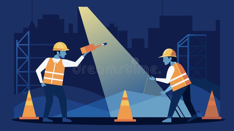 Two Workers in Reflective Hard Hats Using a Powerful Spotlight To ...