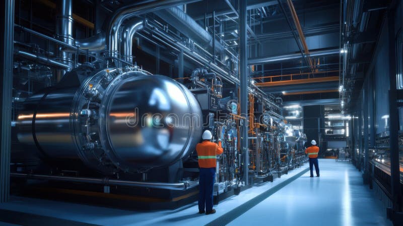 Industrial Workers Monitor Machinery in a High-tech Production Facility ...