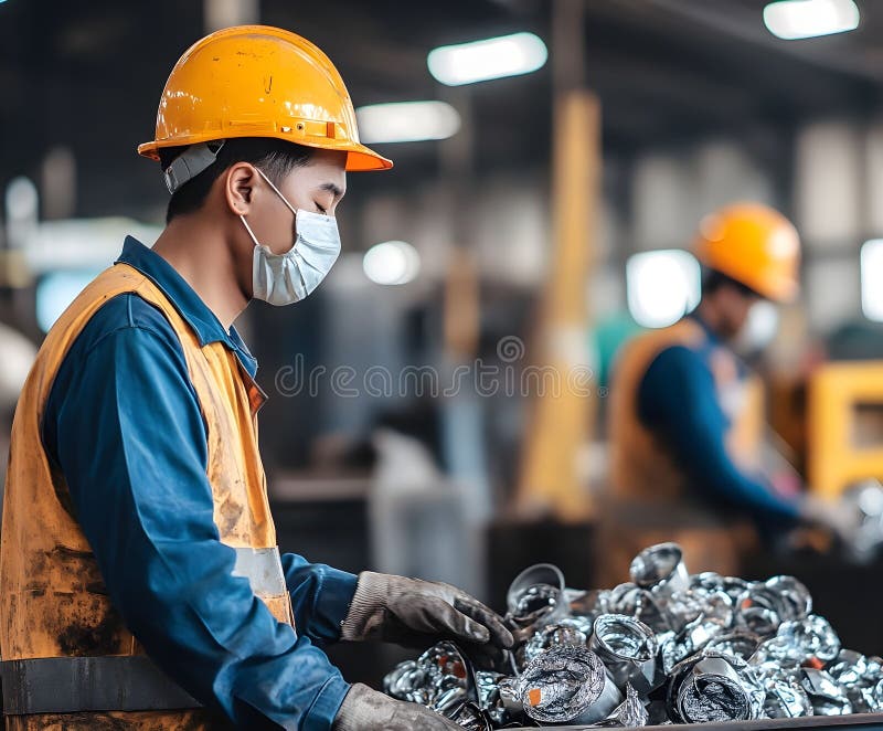 Workers Sorting Materials in a Recycling Facility during the Day in an ...