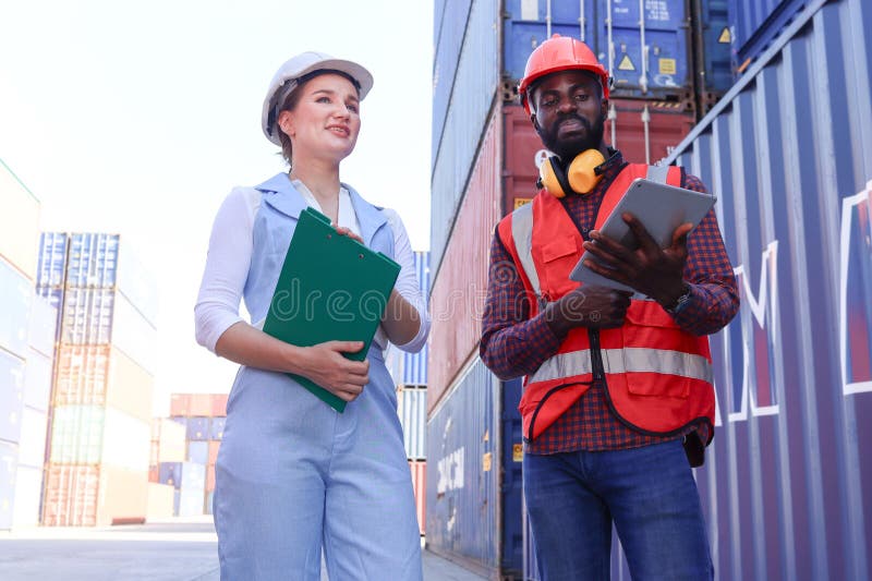 Two Workers with Safety Helmet at Logistic Shipping Cargo Containers ...
