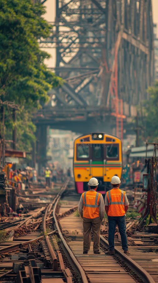 Two Workers Safety Vests and Helmets Stand Railway Tracks, Observing ...