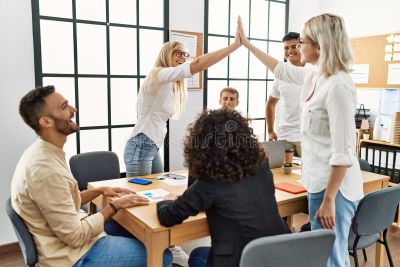 Two Workers Smiling Happy High Five during Meeting at the Office Stock ...