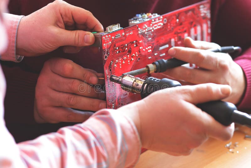 Two Workers Soldering Electronic Board Stock Image - Image of board ...