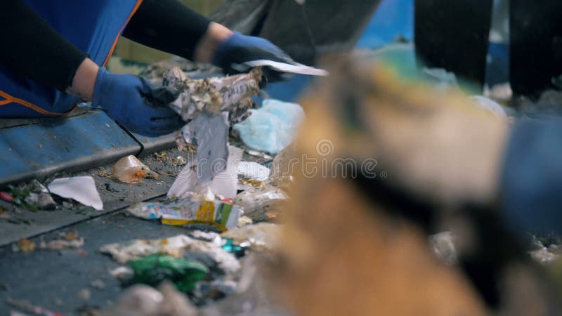 Two Workers Sort Garbage on a Conveyor, Close Up. People Work at a ...