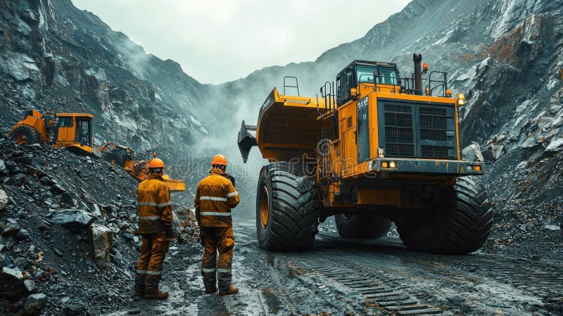 Two Workers Standing in a Mine in Front of a Large Dump Truck Stock ...