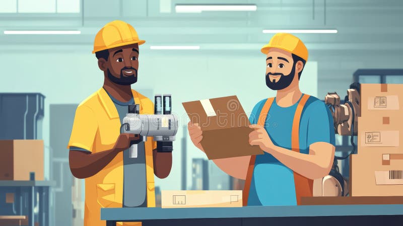 Two Workers are Standing in a Warehouse with Boxes Stock Illustration ...