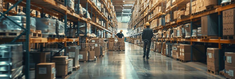 Two Workers are Transporting Boxes and Pallets Down Wide Aisles in a ...