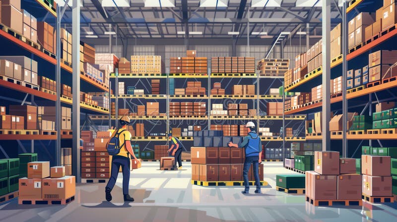 Two Workers are Transporting Boxes and Pallets in a Warehouse Packed ...