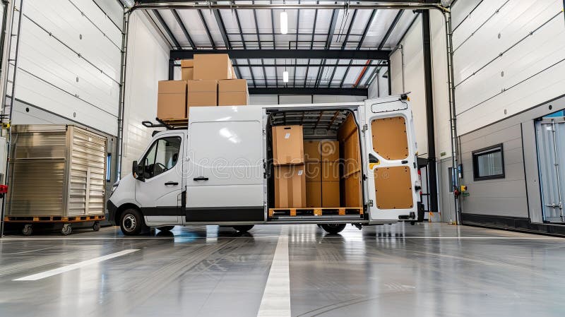 Two Workers Unload Boxes from a White Van, Its Trunk Wide Open, at the ...