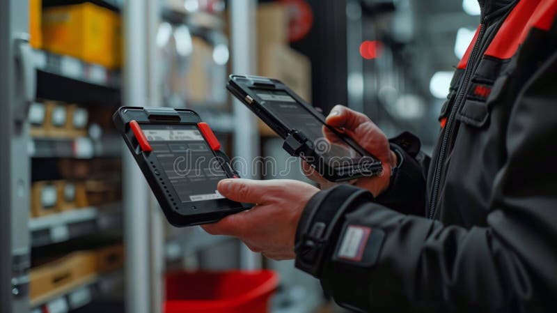 Two Workers are Using Mobile Devices To Compare Data during a Warehouse ...