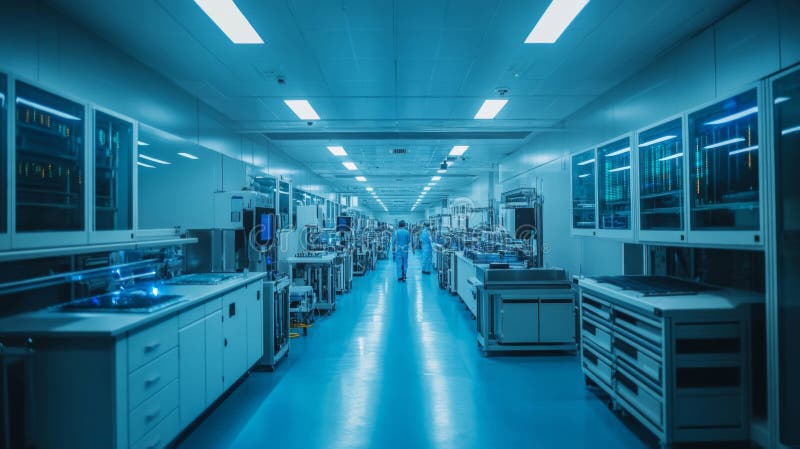 Two Workers Walking Down a Cleanroom Corridor in a Modern Factory Stock ...