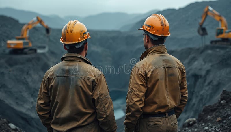 Two Workers Wear Safety Helmets, Examine Coal Mining Site. Open Pit ...